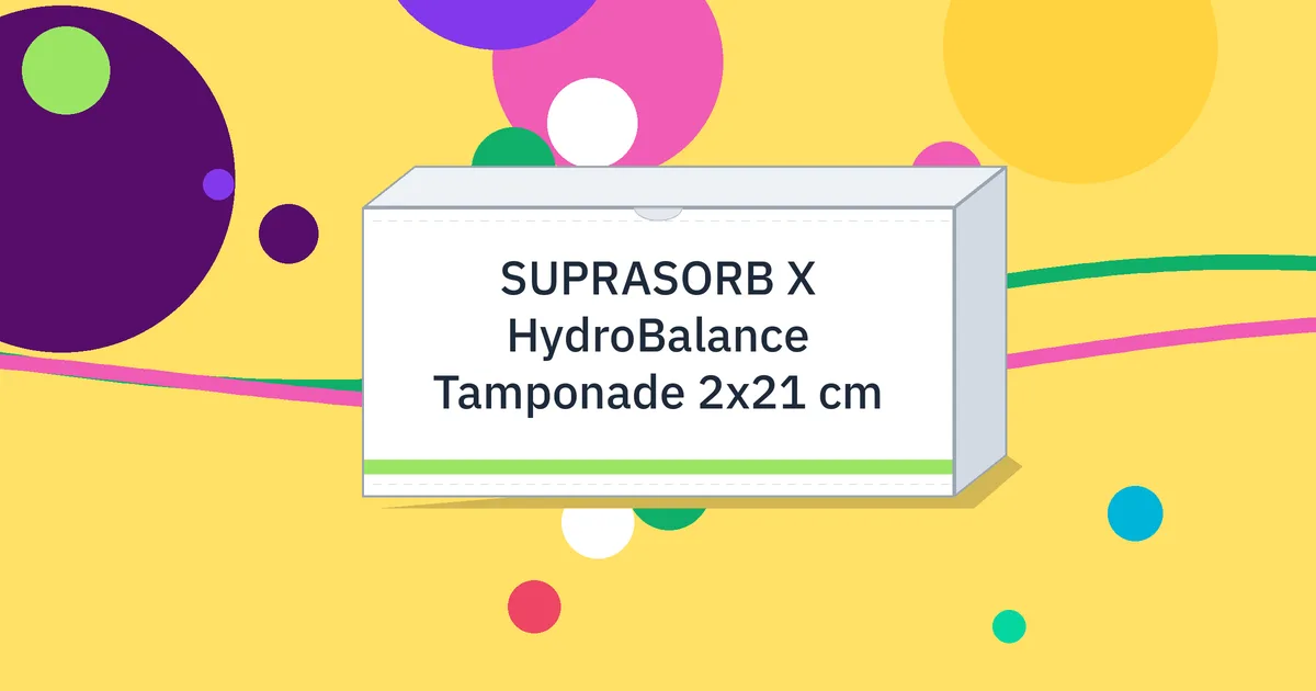 Symbolbild: Packung mit der Aufschrift SUPRASORB X HydroBalance Tamponade 2x21 cm (PZN 03490795) – Verfügbarkeit und Bezug in Apotheken in Frankfurt am Main