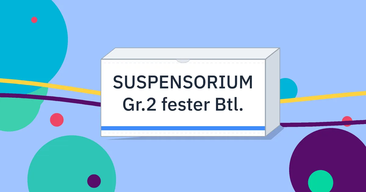 Symbolbild: Packung mit der Aufschrift SUSPENSORIUM Gr.2 fester Btl. (PZN 04865576) – Verfügbarkeit und Bezug in Apotheken in Frankfurt am Main
