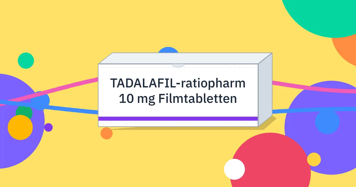 Symbolbild: Packung mit der Aufschrift TADALAFIL-ratiopharm 10 mg Filmtabletten (PZN 13168480) – Verfügbarkeit und Bezug in Apotheken in Frankfurt am Main