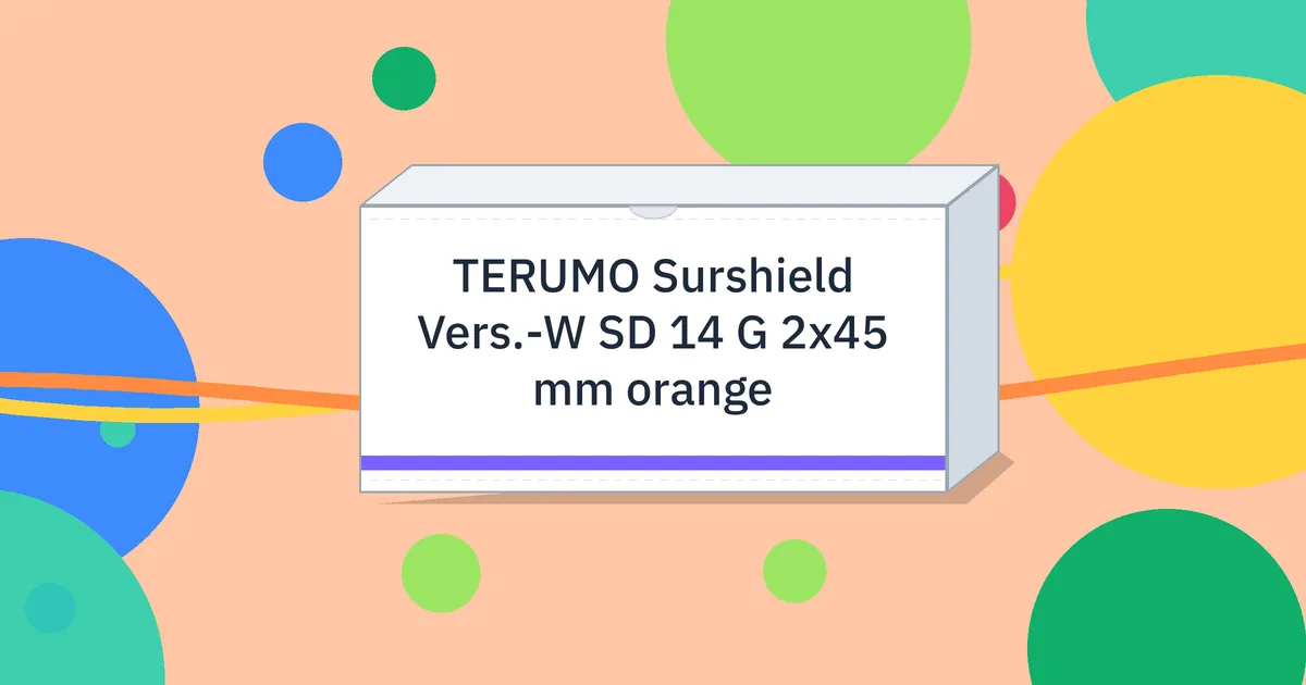 Symbolbild: Packung mit der Aufschrift TERUMO Surshield Vers.-W SD 14 G 2x45 mm orange (PZN 17630544) – Verfügbarkeit und Bezug in Apotheken in Frankfurt am Main