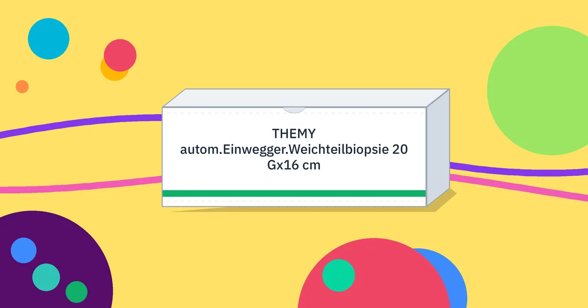 Symbolbild: Packung mit der Aufschrift THEMY autom.Einwegger.Weichteilbiopsie 20 Gx16 cm (PZN 19737536) – Verfügbarkeit und Bezug in Apotheken in Frankfurt am Main