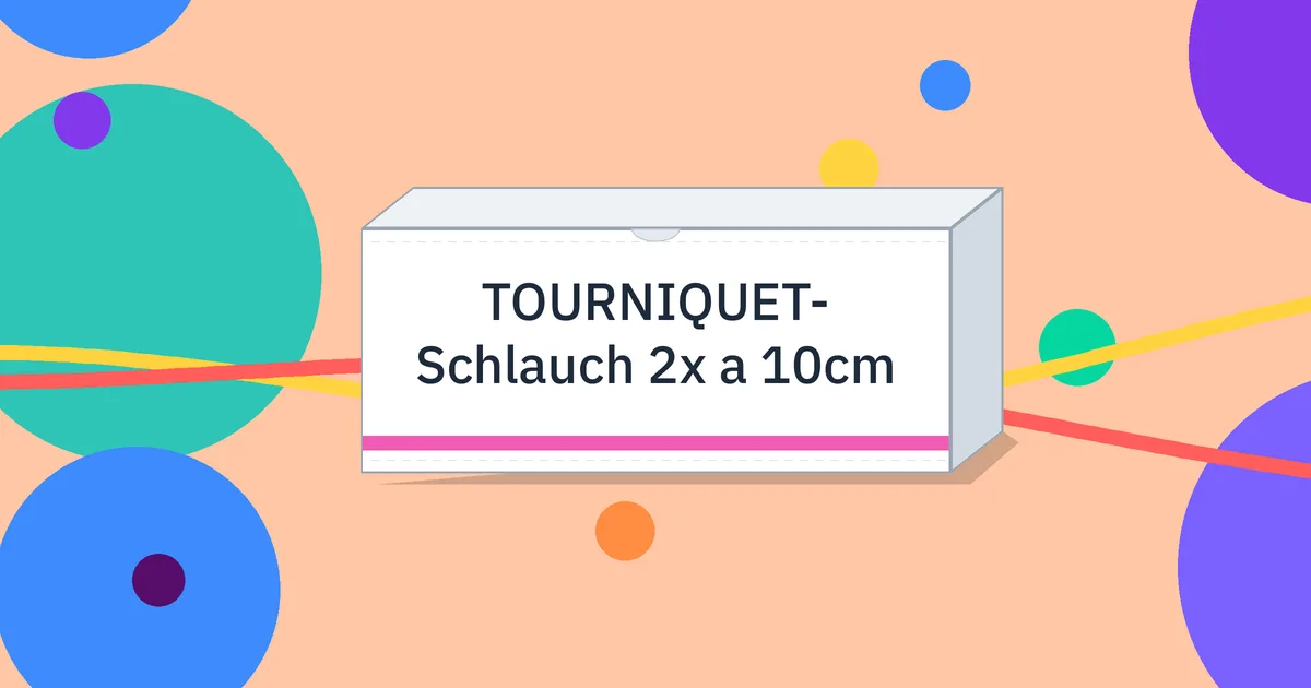 Symbolbild: Packung mit der Aufschrift TOURNIQUET-Schlauch 2x a 10cm (PZN 17488572) – Verfügbarkeit und Bezug in Apotheken in Frankfurt am Main