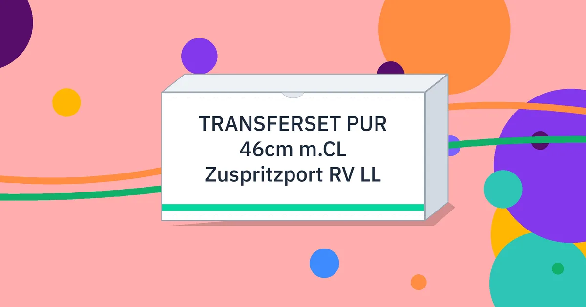 Symbolbild: Packung mit der Aufschrift TRANSFERSET PUR 46cm m.CL Zuspritzport RV LL (PZN 19443208) – Verfügbarkeit und Bezug in Apotheken in Frankfurt am Main
