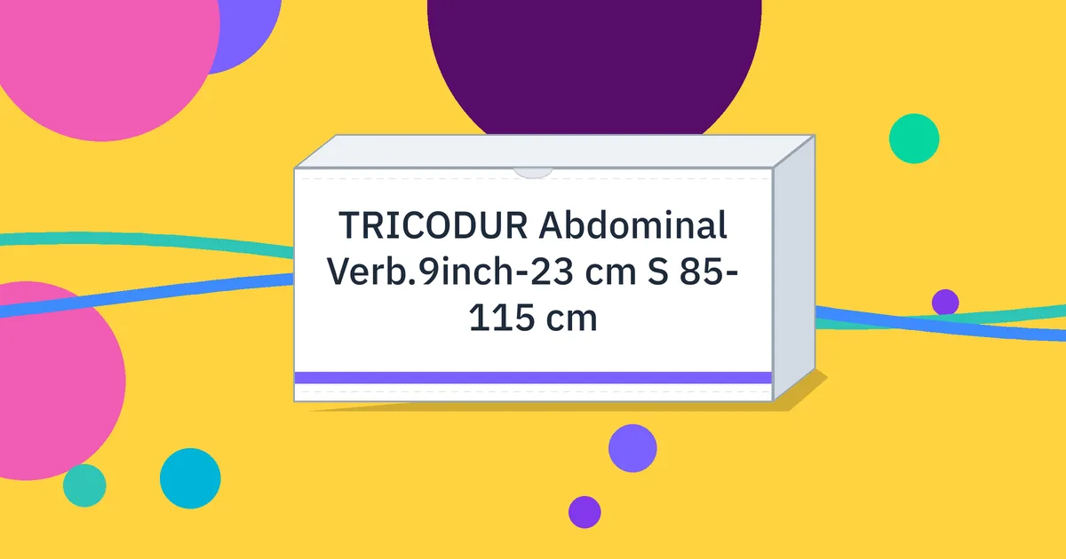 Symbolbild: Packung mit der Aufschrift TRICODUR Abdominal Verb.9inch-23 cm S 85-115 cm (PZN 17368980) – Verfügbarkeit und Bezug in Apotheken in Frankfurt am Main