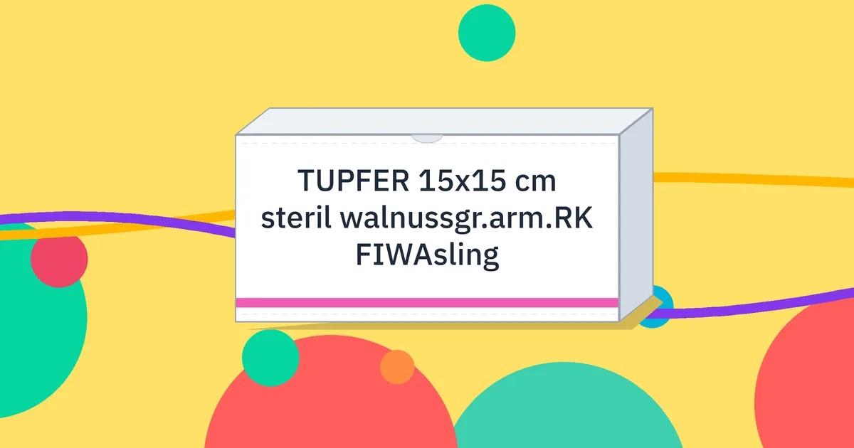 Symbolbild: Packung mit der Aufschrift TUPFER 15x15 cm steril walnussgr.arm.RK FIWAsling (PZN 11860533) – Verfügbarkeit und Bezug in Apotheken in Frankfurt am Main