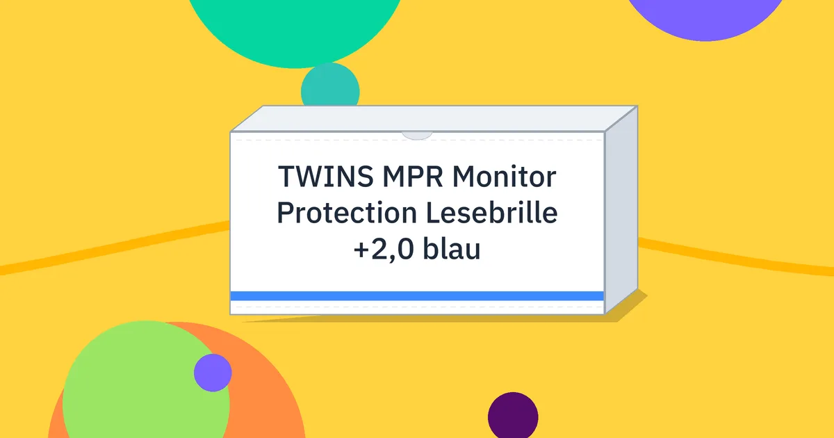 Symbolbild: Packung mit der Aufschrift TWINS MPR Monitor Protection Lesebrille +2,0 blau (PZN 13344356) – Verfügbarkeit und Bezug in Apotheken in Frankfurt am Main