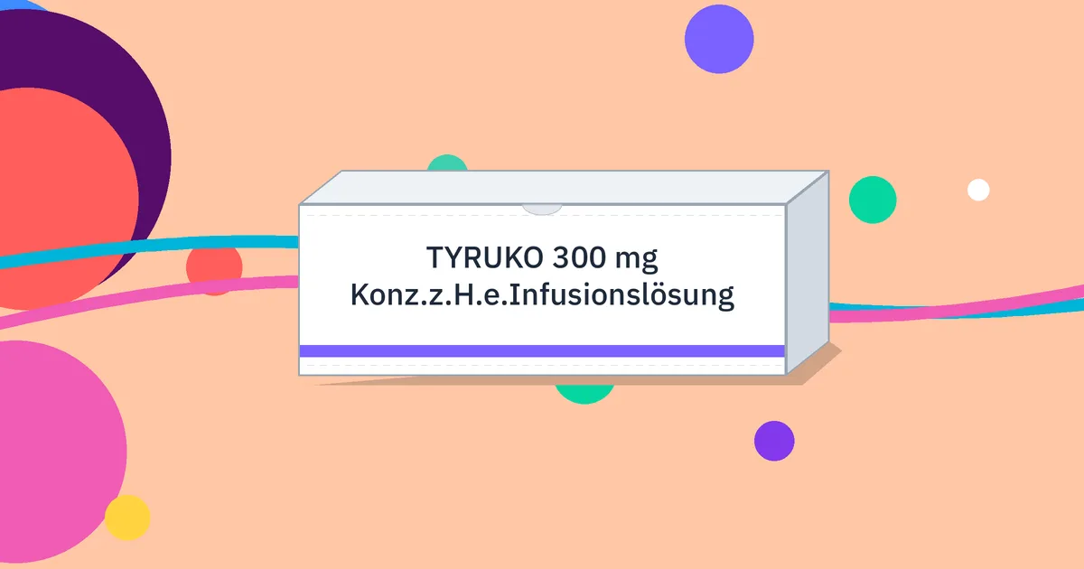 Symbolbild: Packung mit der Aufschrift TYRUKO 300 mg Konz.z.H.e.Infusionslösung (PZN 19375820) – Verfügbarkeit und Bezug in Apotheken in Frankfurt am Main
