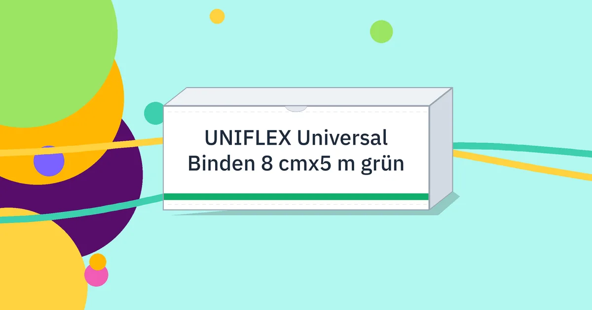 Symbolbild: Packung mit der Aufschrift UNIFLEX Universal Binden 8 cmx5 m grün (PZN 08540109) – Verfügbarkeit und Bezug in Apotheken in Frankfurt am Main