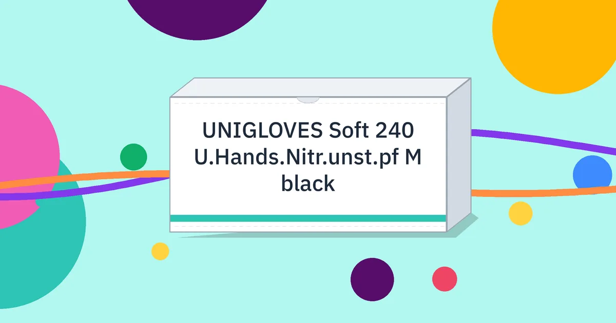 Symbolbild: Packung mit der Aufschrift UNIGLOVES Soft 240 U.Hands.Nitr.unst.pf M black (PZN 18102652) – Verfügbarkeit und Bezug in Apotheken in Frankfurt am Main