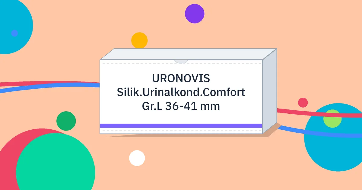 Symbolbild: Packung mit der Aufschrift URONOVIS Silik.Urinalkond.Comfort Gr.L 36-41 mm (PZN 05379866) – Verfügbarkeit und Bezug in Apotheken in Frankfurt am Main