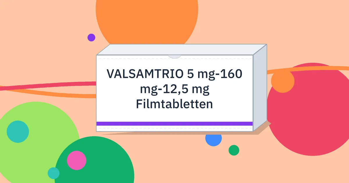 Symbolbild: Packung mit der Aufschrift VALSAMTRIO 5 mg-160 mg-12,5 mg Filmtabletten (PZN 18768262) – Verfügbarkeit und Bezug in Apotheken in Frankfurt am Main