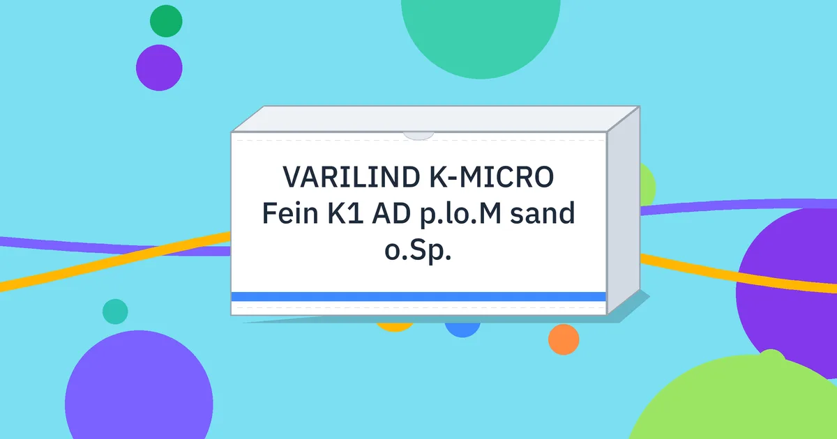 Symbolbild: Packung mit der Aufschrift VARILIND K-MICRO Fein K1 AD p.lo.M sand o.Sp. (PZN 20557302) – Verfügbarkeit und Bezug in Apotheken in Frankfurt am Main