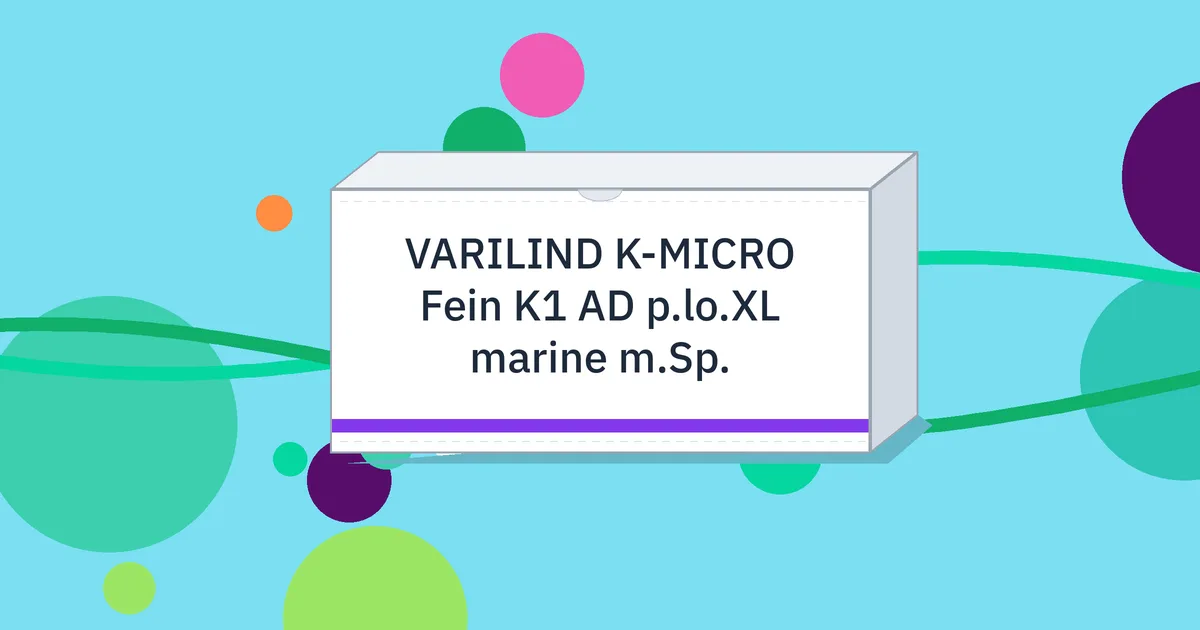 Symbolbild: Packung mit der Aufschrift VARILIND K-MICRO Fein K1 AD p.lo.XL marine m.Sp. (PZN 20619026) – Verfügbarkeit und Bezug in Apotheken in Frankfurt am Main