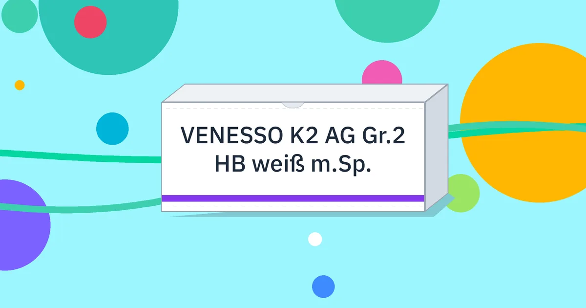 Symbolbild: Packung mit der Aufschrift VENESSO K2 AG Gr.2 HB weiß m.Sp. (PZN 03264604) – Verfügbarkeit und Bezug in Apotheken in Frankfurt am Main