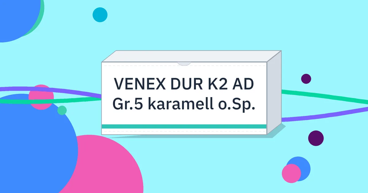 Symbolbild: Packung mit der Aufschrift VENEX DUR K2 AD Gr.5 karamell o.Sp. (PZN 13757495) – Verfügbarkeit und Bezug in Apotheken in Frankfurt am Main