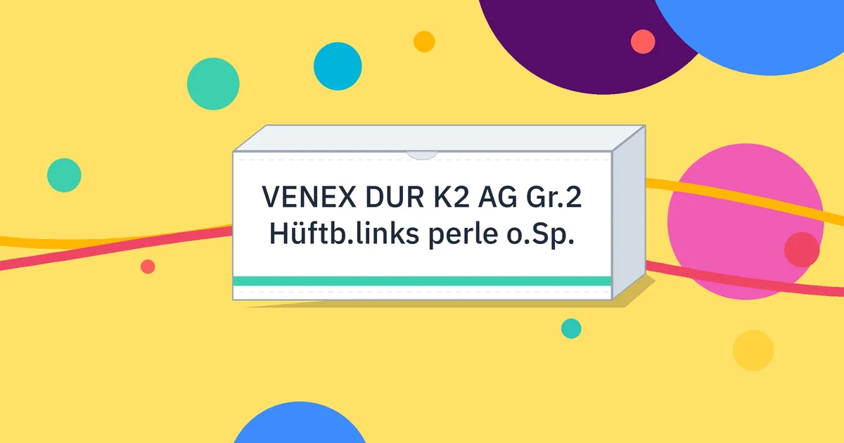 Symbolbild: Packung mit der Aufschrift VENEX DUR K2 AG Gr.2 Hüftb.links perle o.Sp. (PZN 03230019) – Verfügbarkeit und Bezug in Apotheken in Frankfurt am Main