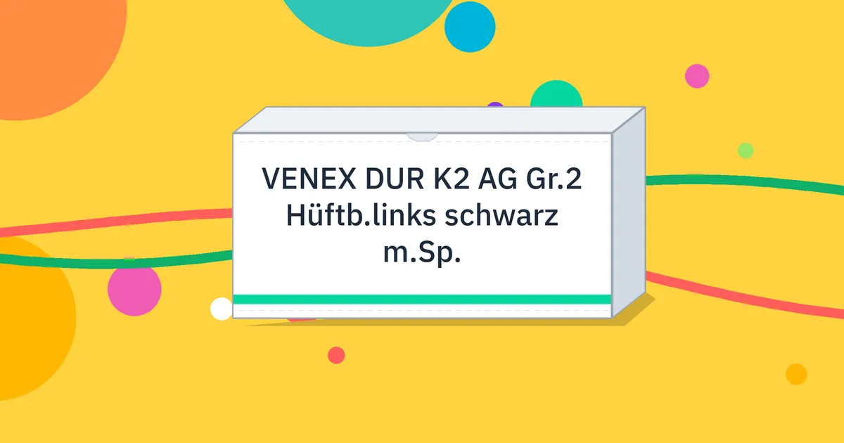 Symbolbild: Packung mit der Aufschrift VENEX DUR K2 AG Gr.2 Hüftb.links schwarz m.Sp. (PZN 03227394) – Verfügbarkeit und Bezug in Apotheken in Frankfurt am Main