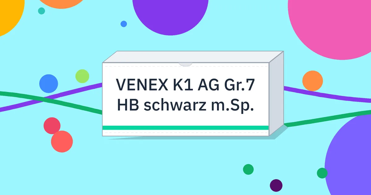 Symbolbild: Packung mit der Aufschrift VENEX K1 AG Gr.7 HB schwarz m.Sp. (PZN 03192508) – Verfügbarkeit und Bezug in Apotheken in Frankfurt am Main