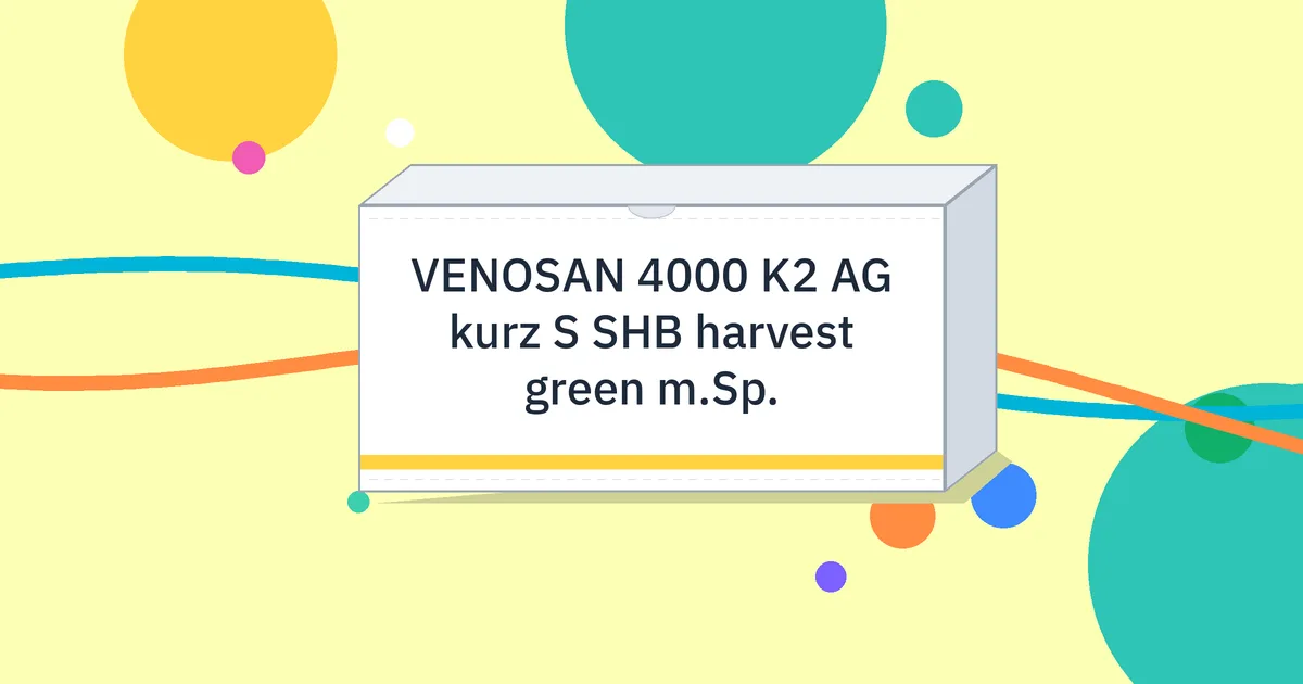 Symbolbild: Packung mit der Aufschrift VENOSAN 4000 K2 AG kurz S SHB harvest green m.Sp. (PZN 18847760) – Verfügbarkeit und Bezug in Apotheken in Frankfurt am Main