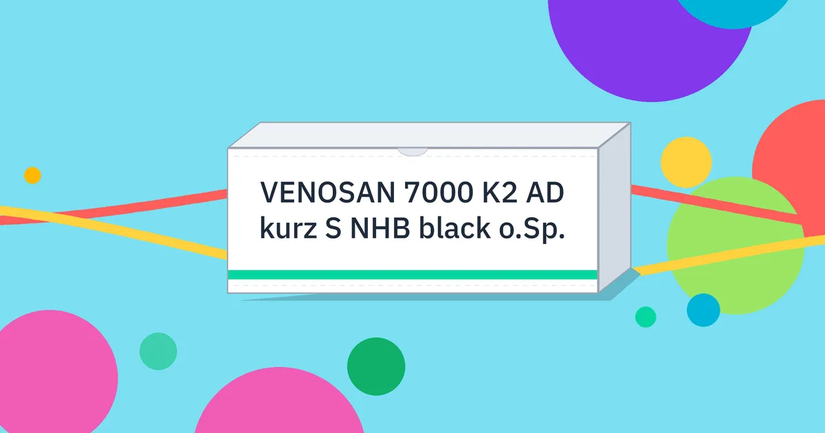 Symbolbild: Packung mit der Aufschrift VENOSAN 7000 K2 AD kurz S NHB black o.Sp. (PZN 14435776) – Verfügbarkeit und Bezug in Apotheken in Frankfurt am Main