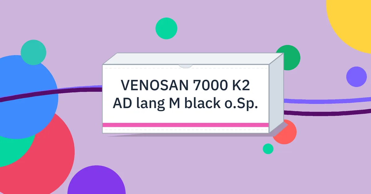 Symbolbild: Packung mit der Aufschrift VENOSAN 7000 K2 AD lang M black o.Sp. (PZN 14435517) – Verfügbarkeit und Bezug in Apotheken in Frankfurt am Main