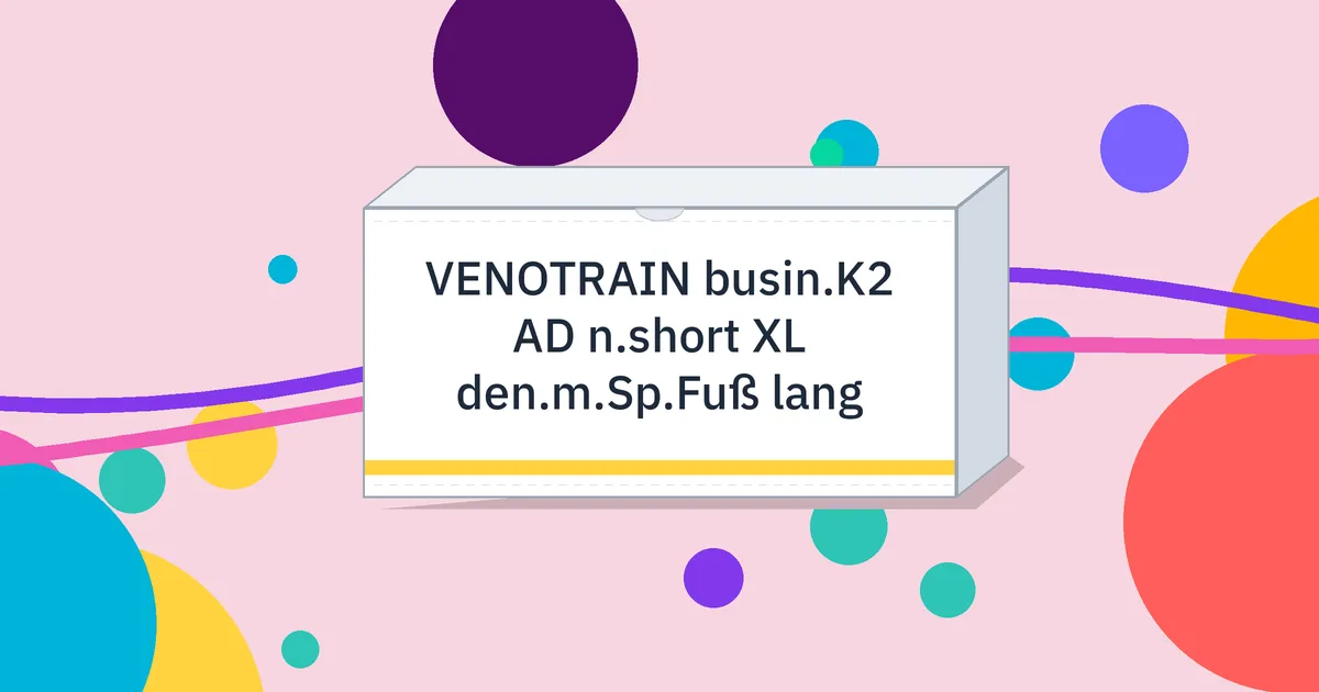 Symbolbild: Packung mit der Aufschrift VENOTRAIN busin.K2 AD n.short XL den.m.Sp.Fuß lang (PZN 19056960) – Verfügbarkeit und Bezug in Apotheken in Frankfurt am Main