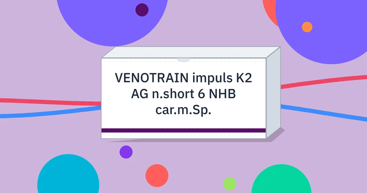Symbolbild: Packung mit der Aufschrift VENOTRAIN impuls K2 AG n.short 6 NHB car.m.Sp. (PZN 00505616) – Verfügbarkeit und Bezug in Apotheken in Frankfurt am Main