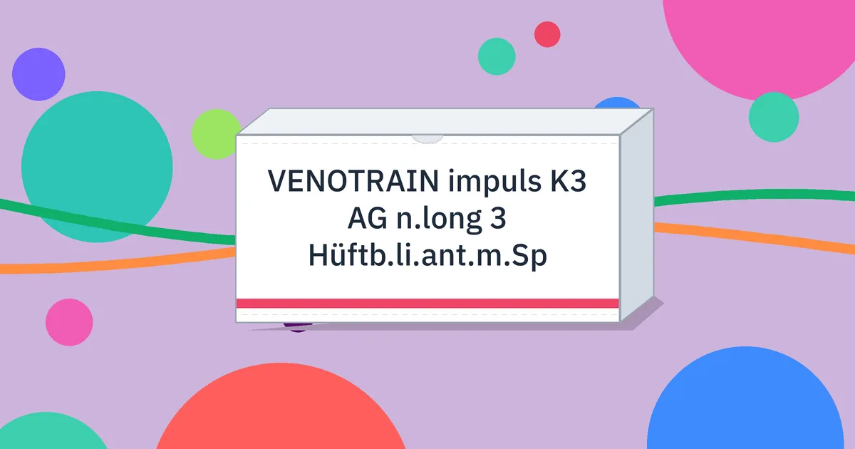 Symbolbild: Packung mit der Aufschrift VENOTRAIN impuls K3 AG n.long 3 Hüftb.li.ant.m.Sp (PZN 15220581) – Verfügbarkeit und Bezug in Apotheken in Frankfurt am Main