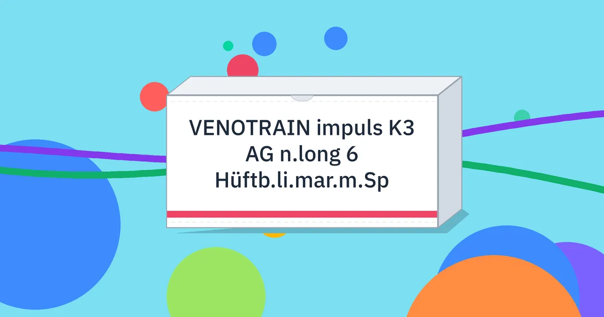 Symbolbild: Packung mit der Aufschrift VENOTRAIN impuls K3 AG n.long 6 Hüftb.li.mar.m.Sp (PZN 15220049) – Verfügbarkeit und Bezug in Apotheken in Frankfurt am Main