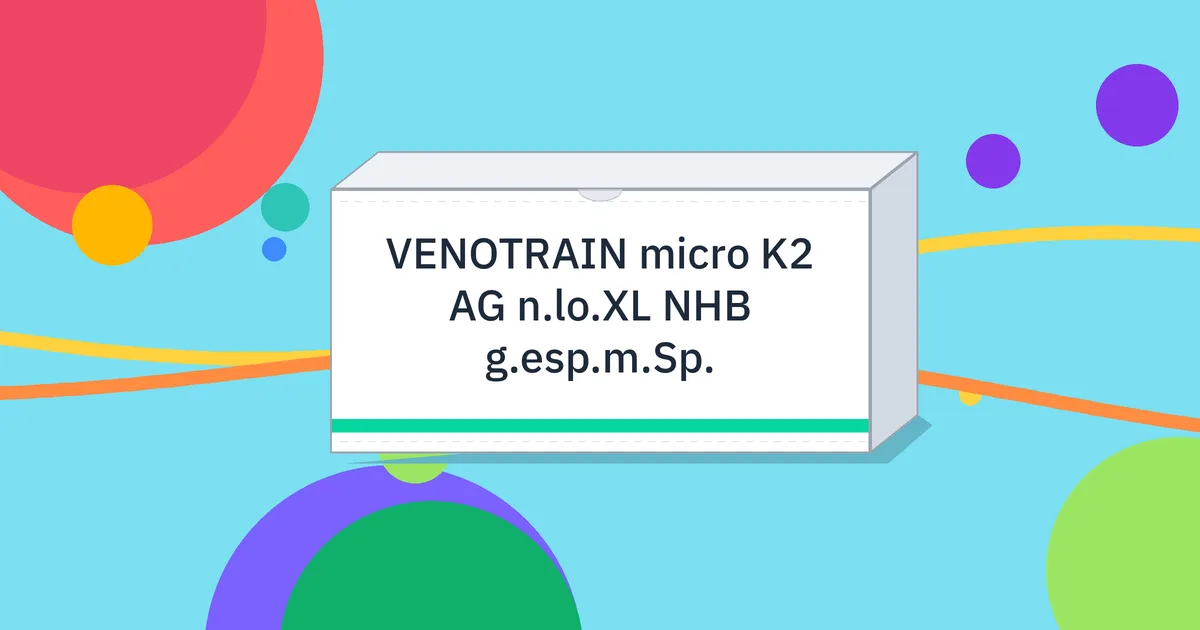 Symbolbild: Packung mit der Aufschrift VENOTRAIN micro K2 AG n.lo.XL NHB g.esp.m.Sp. (PZN 06050447) – Verfügbarkeit und Bezug in Apotheken in Frankfurt am Main