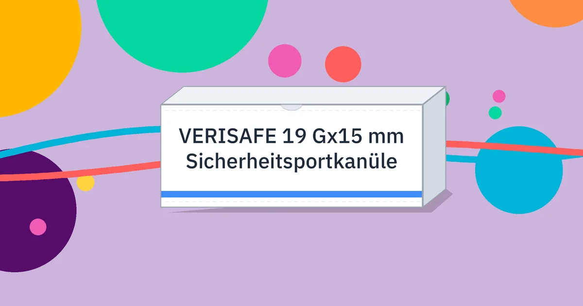 Symbolbild: Packung mit der Aufschrift VERISAFE 19 Gx15 mm Sicherheitsportkanüle (PZN 19173938) – Verfügbarkeit und Bezug in Apotheken in Frankfurt am Main