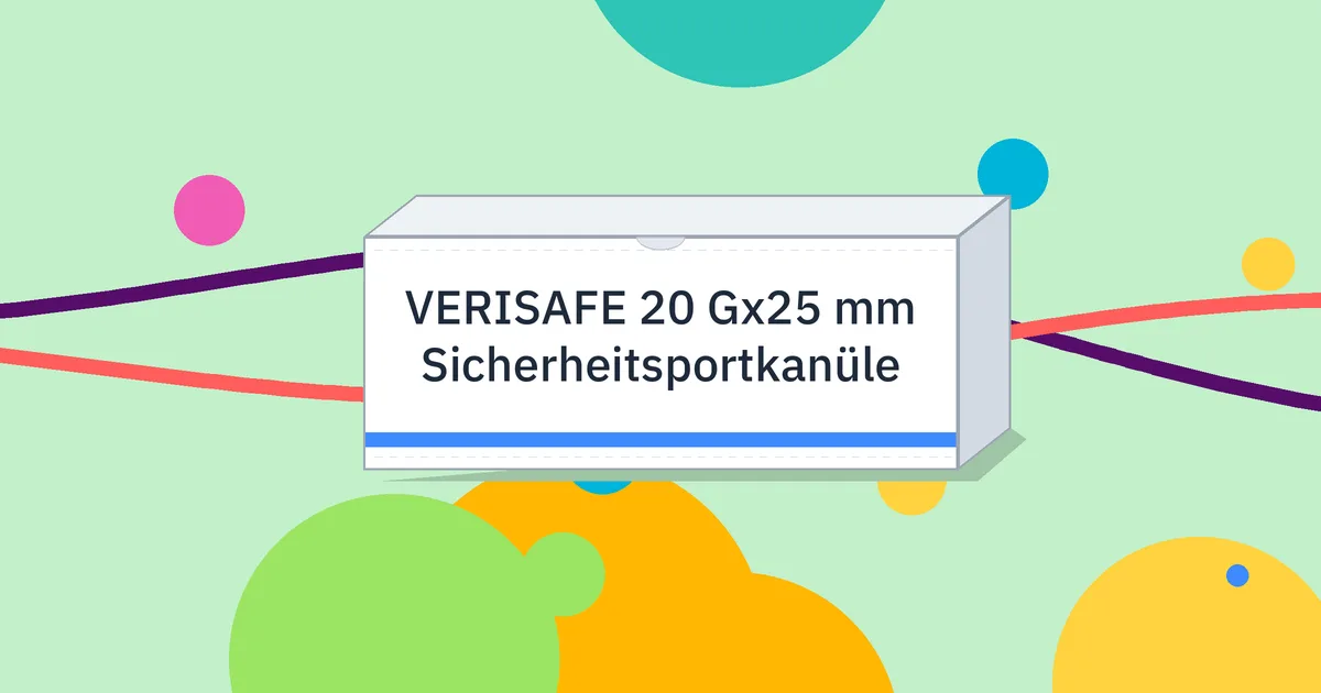 Symbolbild: Packung mit der Aufschrift VERISAFE 20 Gx25 mm Sicherheitsportkanüle (PZN 19174004) – Verfügbarkeit und Bezug in Apotheken in Frankfurt am Main