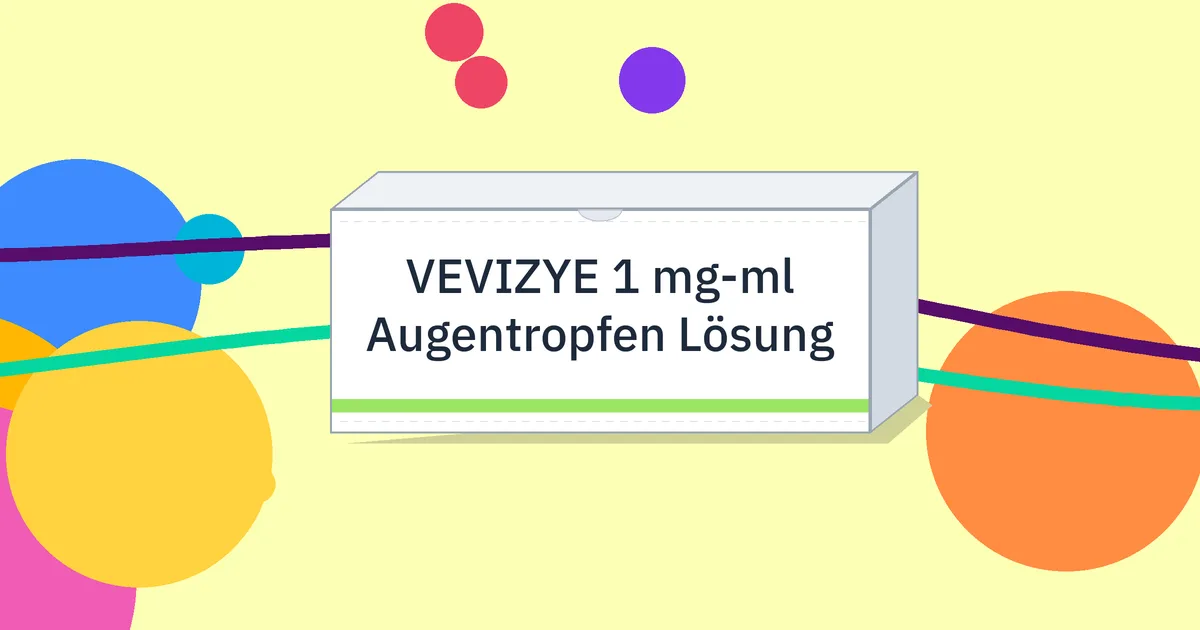 Symbolbild: Packung mit der Aufschrift VEVIZYE 1 mg-ml Augentropfen Lösung (PZN 19726998) – Verfügbarkeit und Bezug in Apotheken in Frankfurt am Main