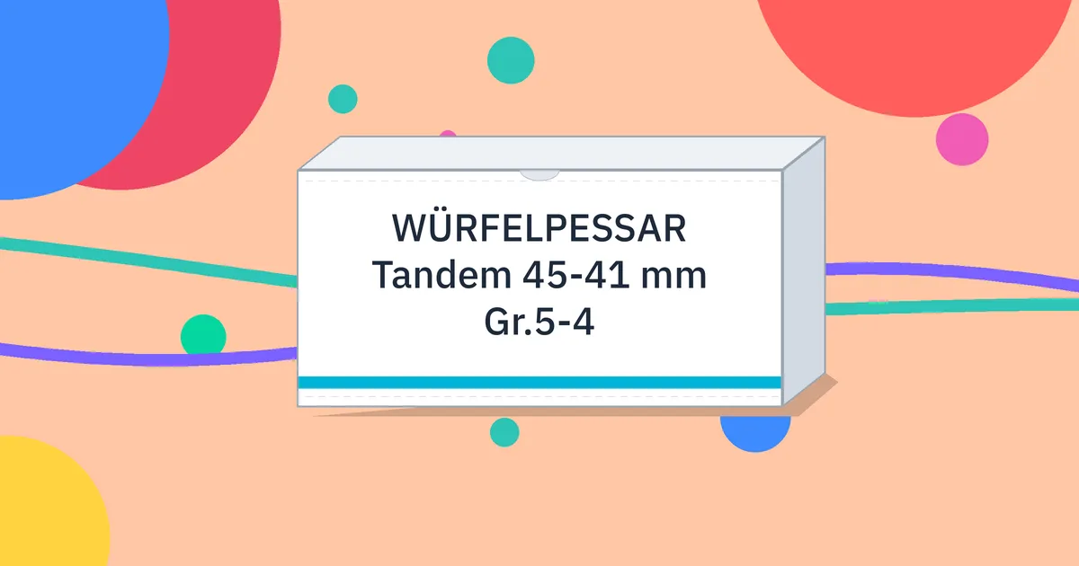 Symbolbild: Packung mit der Aufschrift WÜRFELPESSAR Tandem 45-41 mm Gr.5-4 (PZN 04655620) – Verfügbarkeit und Bezug in Apotheken in Frankfurt am Main