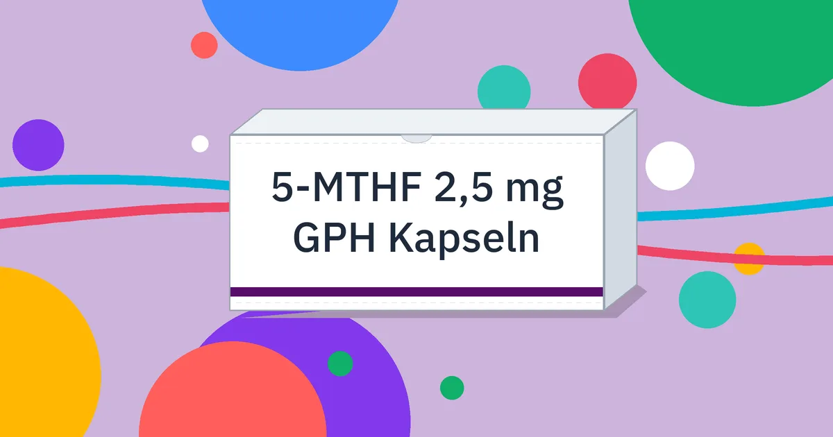 Symbolbild: Packung mit der Aufschrift 5-MTHF 2,5 mg GPH Kapseln (PZN 20051330) – Verfügbarkeit und Bezug in Apotheken in Frankfurt am Main