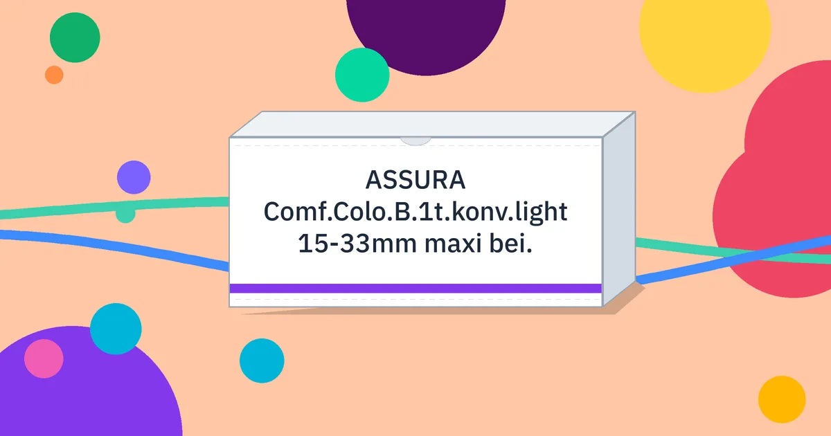 Symbolbild: Packung mit der Aufschrift ASSURA Comf.Colo.B.1t.konv.light 15-33mm maxi bei. (PZN 04011638) – Verfügbarkeit und Bezug in Apotheken in Frankfurt am Main