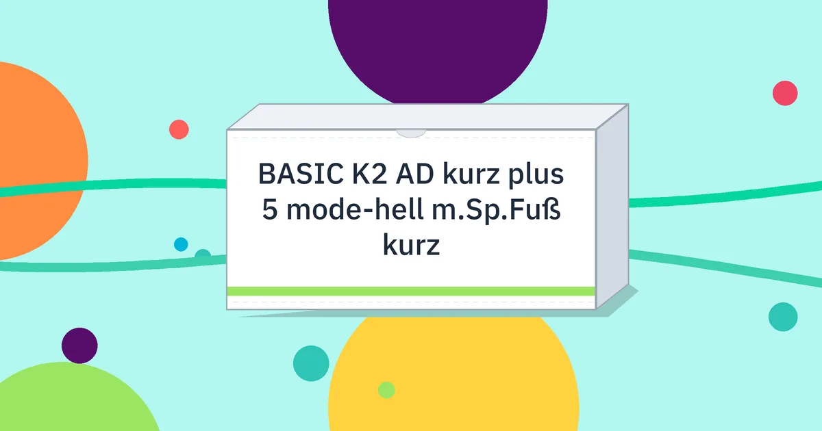 Symbolbild: Packung mit der Aufschrift BASIC K2 AD kurz plus 5 mode-hell m.Sp.Fuß kurz (PZN 20265404) – Verfügbarkeit und Bezug in Apotheken in Frankfurt am Main