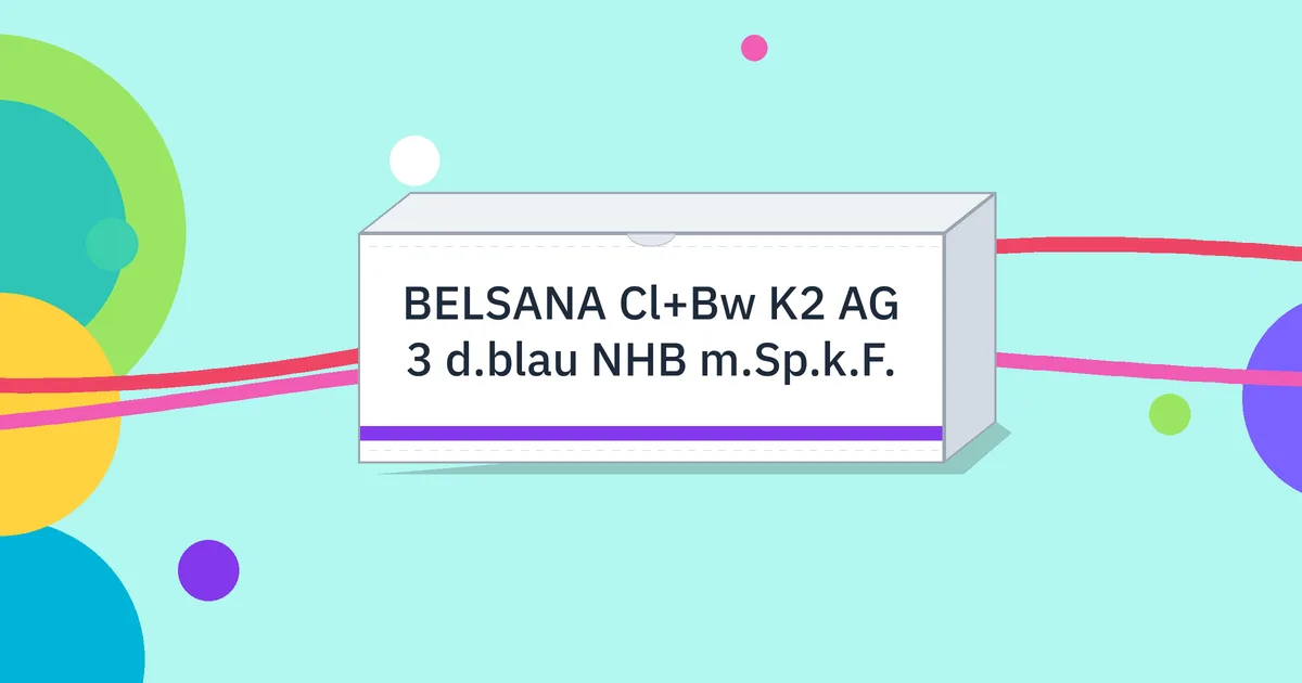 Symbolbild: Packung mit der Aufschrift BELSANA Cl+Bw K2 AG 3 d.blau NHB m.Sp.k.F. (PZN 15627101) – Verfügbarkeit und Bezug in Apotheken in Frankfurt am Main