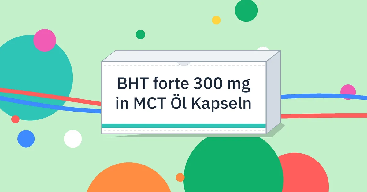 Symbolbild: Packung mit der Aufschrift BHT forte 300 mg in MCT Öl Kapseln (PZN 17635599) – Verfügbarkeit und Bezug in Apotheken in Frankfurt am Main