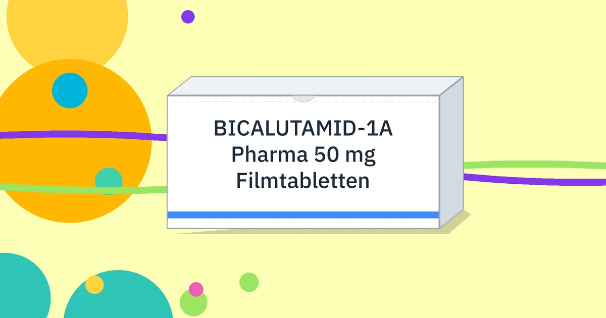 Symbolbild: Packung mit der Aufschrift BICALUTAMID-1A Pharma 50 mg Filmtabletten (PZN 07793328) – Verfügbarkeit und Bezug in Apotheken in Frankfurt am Main
