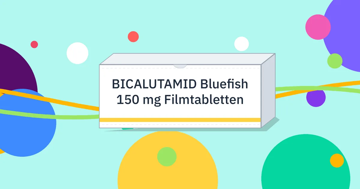 Symbolbild: Packung mit der Aufschrift BICALUTAMID Bluefish 150 mg Filmtabletten (PZN 18107520) – Verfügbarkeit und Bezug in Apotheken in Frankfurt am Main