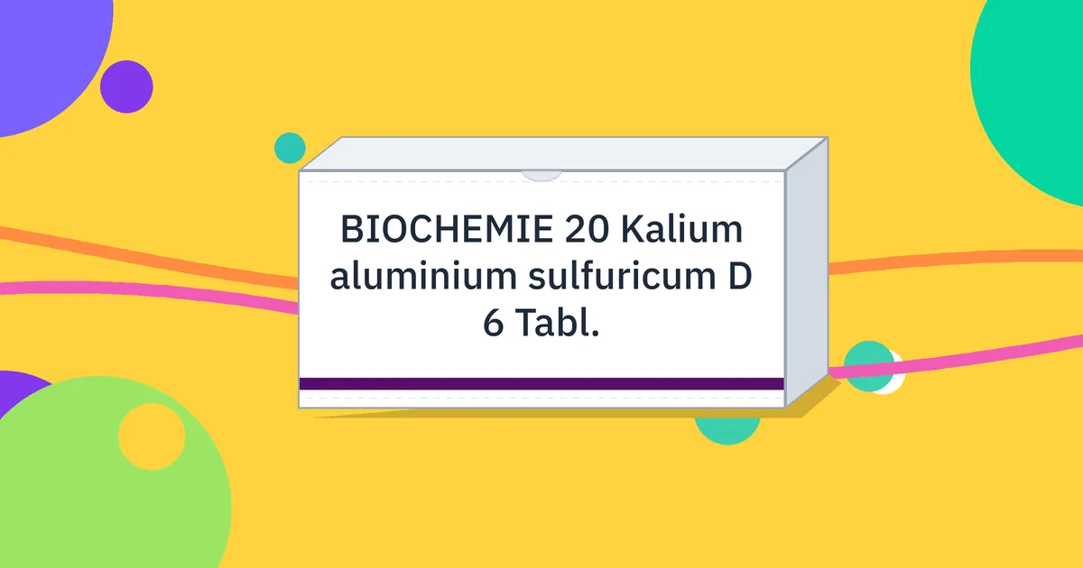 Symbolbild: Packung mit der Aufschrift BIOCHEMIE 20 Kalium aluminium sulfuricum D 6 Tabl. (PZN 04325118) – Verfügbarkeit und Bezug in Apotheken in Frankfurt am Main