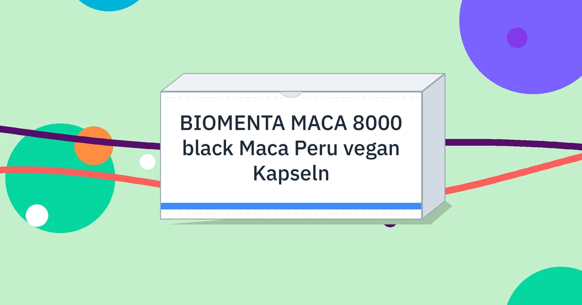 Symbolbild: Packung mit der Aufschrift BIOMENTA MACA 8000 black Maca Peru vegan Kapseln (PZN 16819423) – Verfügbarkeit und Bezug in Apotheken in Frankfurt am Main