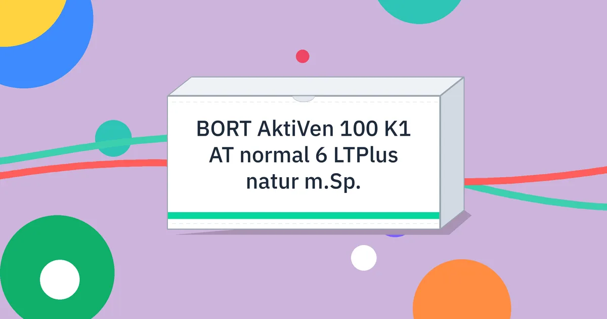 Symbolbild: Packung mit der Aufschrift BORT AktiVen 100 K1 AT normal 6 LTPlus natur m.Sp. (PZN 18175562) – Verfügbarkeit und Bezug in Apotheken in Frankfurt am Main