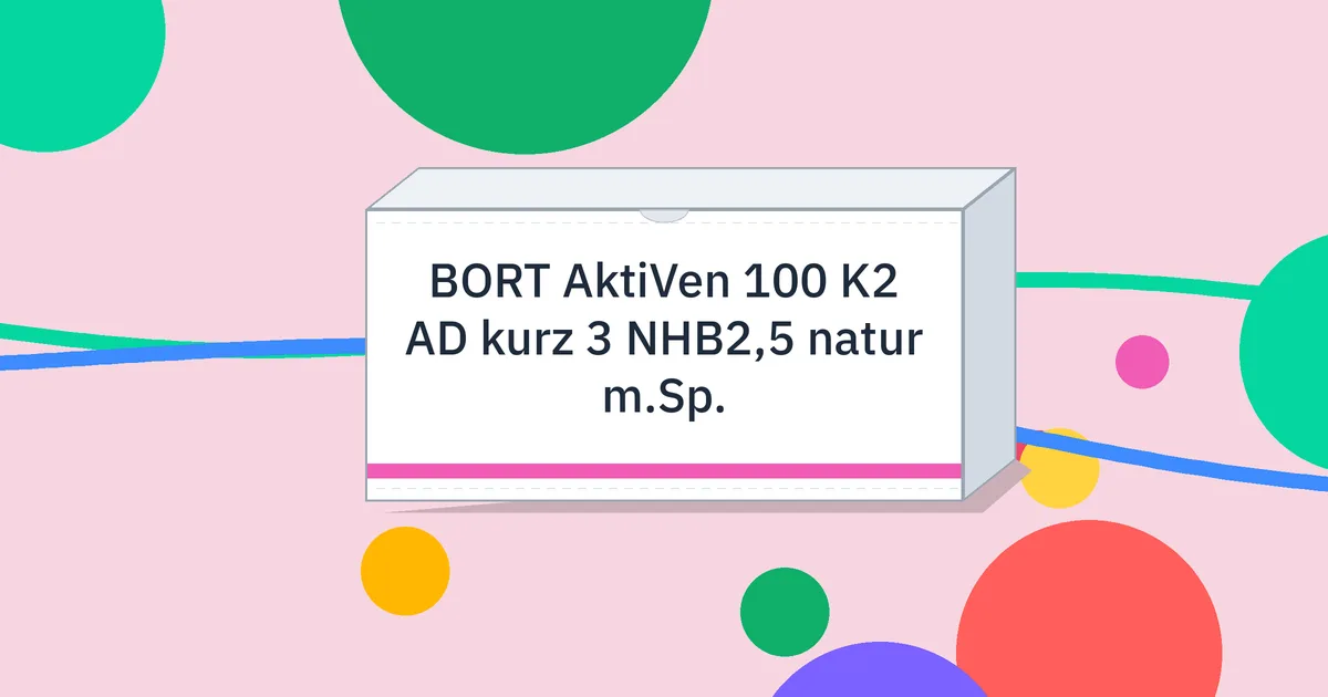 Symbolbild: Packung mit der Aufschrift BORT AktiVen 100 K2 AD kurz 3 NHB2,5 natur m.Sp. (PZN 17498843) – Verfügbarkeit und Bezug in Apotheken in Frankfurt am Main