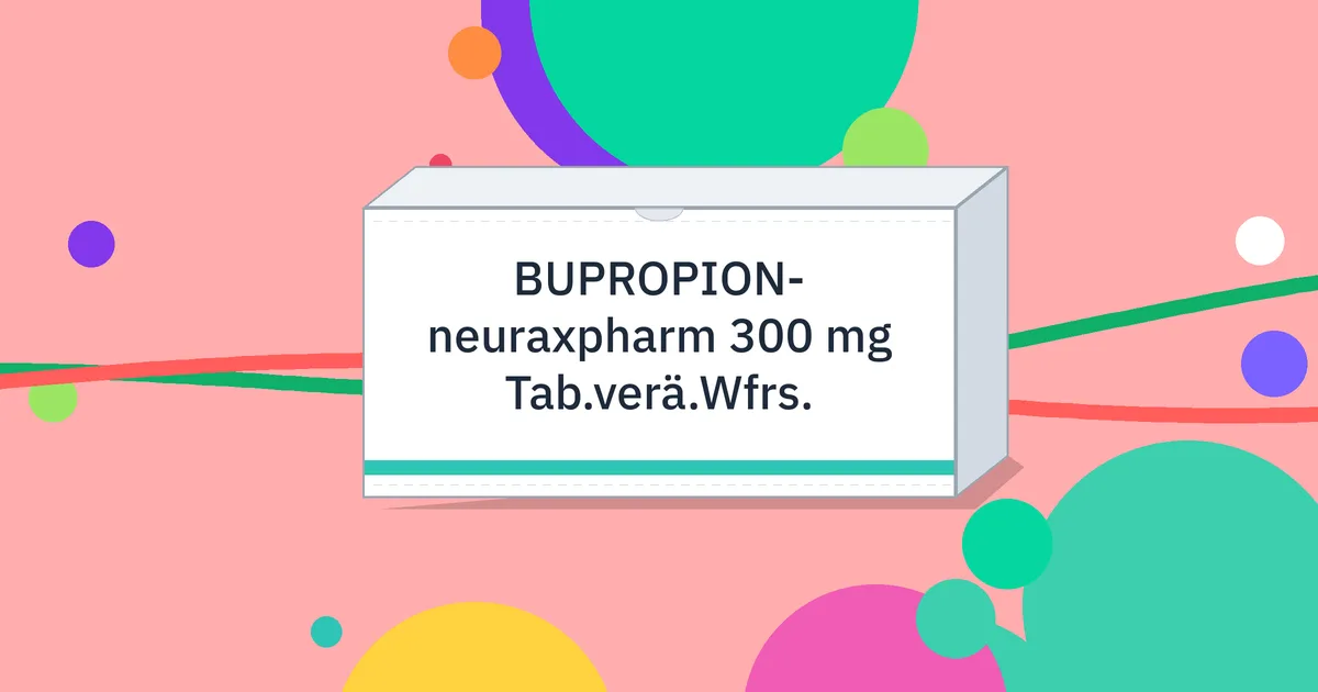 Symbolbild: Packung mit der Aufschrift BUPROPION-neuraxpharm 300 mg Tab.verä.Wfrs. (PZN 19663016) – Verfügbarkeit und Bezug in Apotheken in Frankfurt am Main