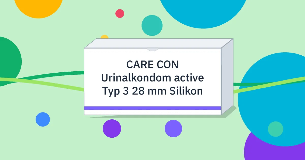 Symbolbild: Packung mit der Aufschrift CARE CON Urinalkondom active Typ 3 28 mm Silikon (PZN 17520761) – Verfügbarkeit und Bezug in Apotheken in Frankfurt am Main