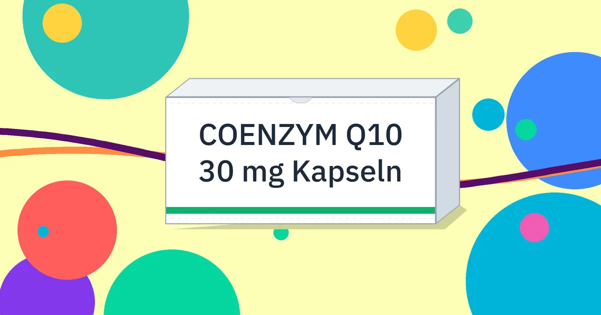 Symbolbild: Packung mit der Aufschrift COENZYM Q10 30 mg Kapseln (PZN 18665409) – Verfügbarkeit und Bezug in Apotheken in Frankfurt am Main