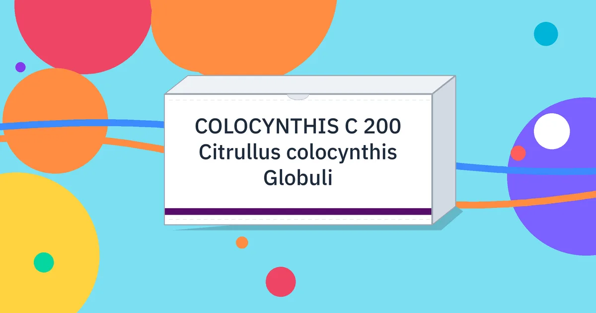 Symbolbild: Packung mit der Aufschrift COLOCYNTHIS C 200 Citrullus colocynthis Globuli (PZN 17298819) – Verfügbarkeit und Bezug in Apotheken in Frankfurt am Main