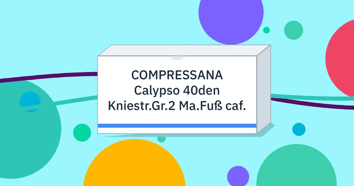 Symbolbild: Packung mit der Aufschrift COMPRESSANA Calypso 40den Kniestr.Gr.2 Ma.Fuß caf. (PZN 01880210) – Verfügbarkeit und Bezug in Apotheken in Frankfurt am Main